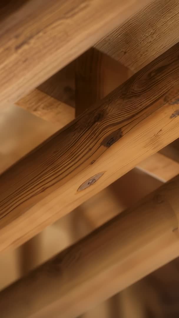 Vertical panning revealing diagonal timber beam with knot and rich wood ...