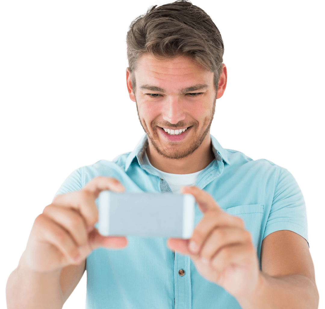 Smiling Young Man Taking Selfie with Smartphone on Transparent Background