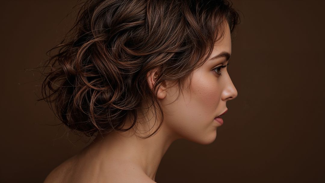 Elegant beautiful lady with tousled brown hair against brown background ...