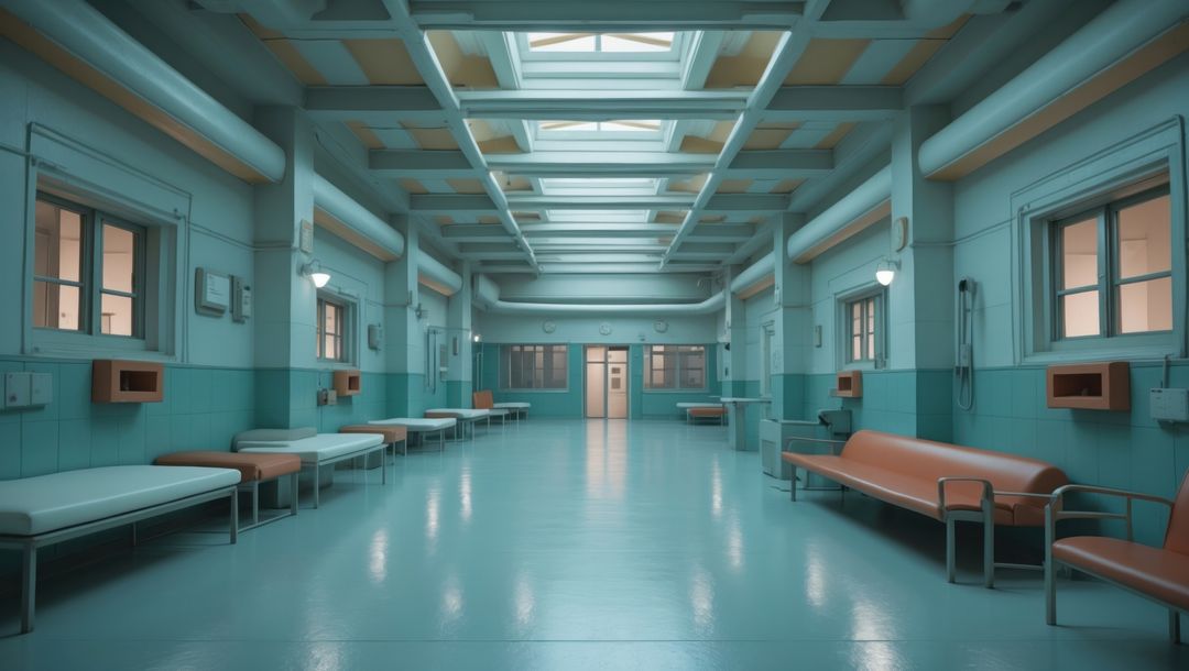 Modern mental institution corridor with examination beds and skylights ...