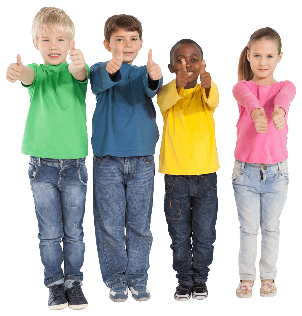 Diverse children standing together giving thumbs up on transparent ...
