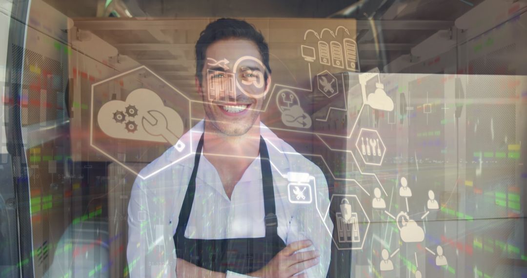 Delivery professional celebrating digital network interface success ...