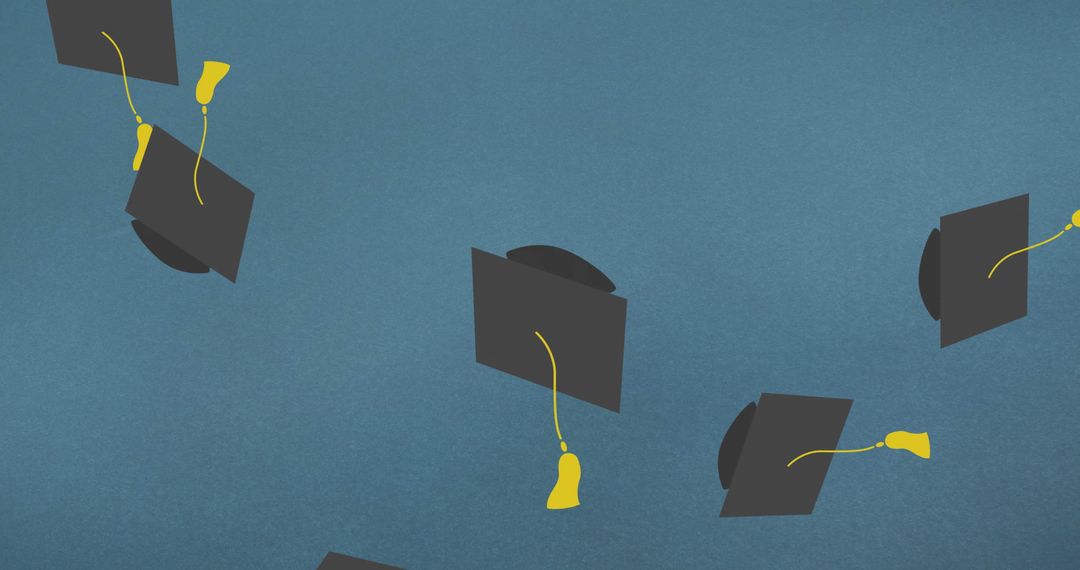 Graduation Caps Falling on Blue Background Representation