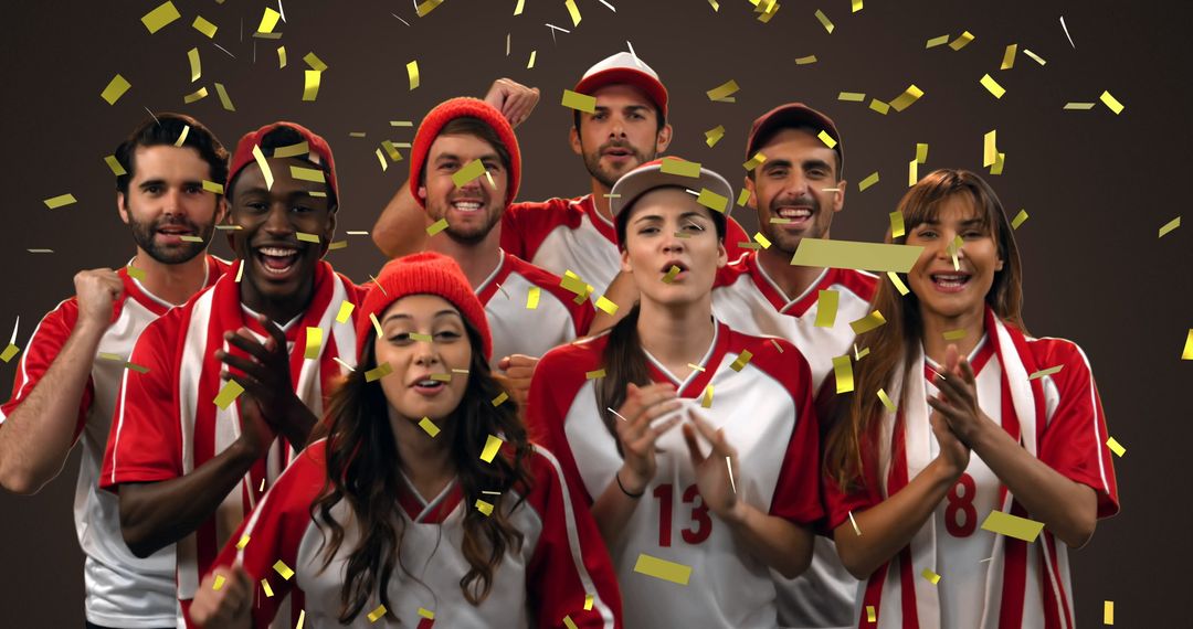 Excited sports fans cheering with gold confetti celebration - Free ...