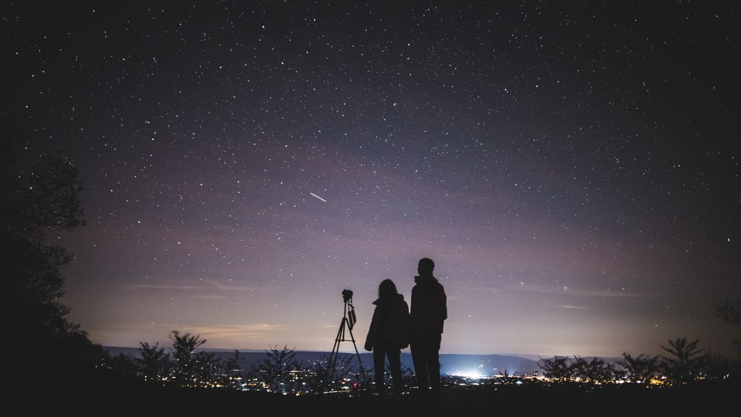 Stargazing Couple Watching Night Sky with Telescope Outdoors - Free Stock Photo | Pikwizard