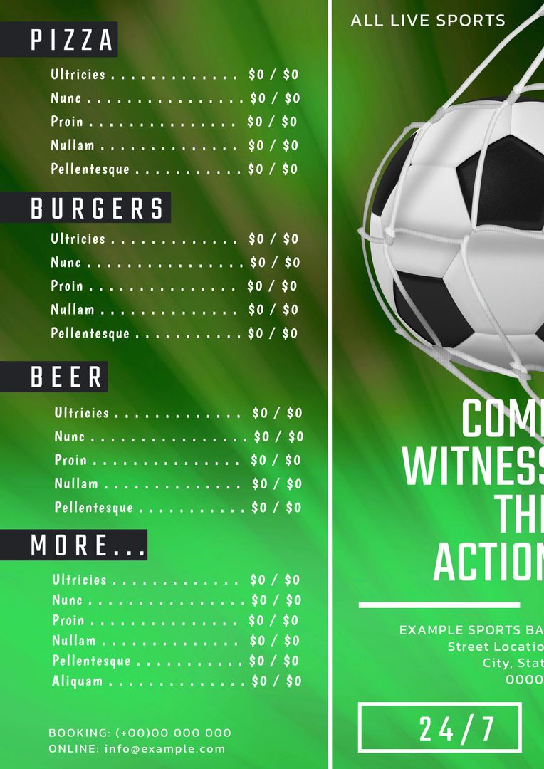 Vibrant Sports Bar Menu Highlighting Pizza, Burgers, Beer Specials ...