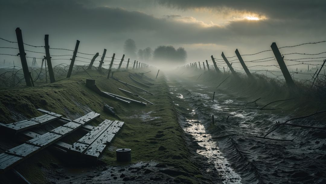 Muddy Trench and Weathered Farm Landscape at Dawn