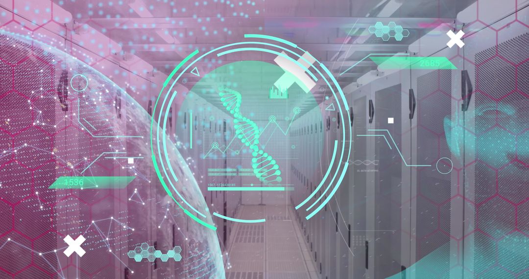 Digital DNA with Server Room Background Representing Global Data Science