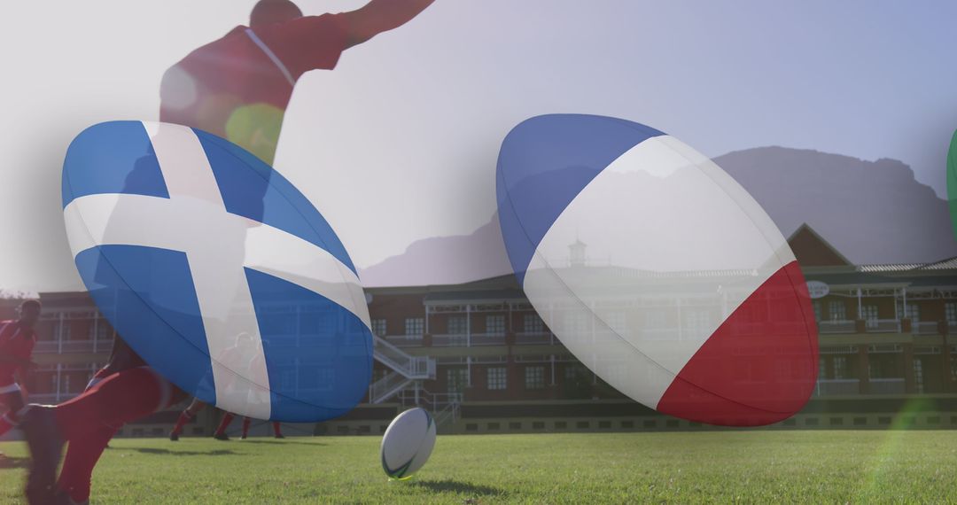 Players competing with rugby balls displaying national flags - Free ...