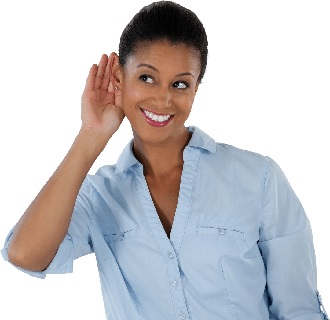Smiling Woman Listening with Hand to Ear on Transparent Background