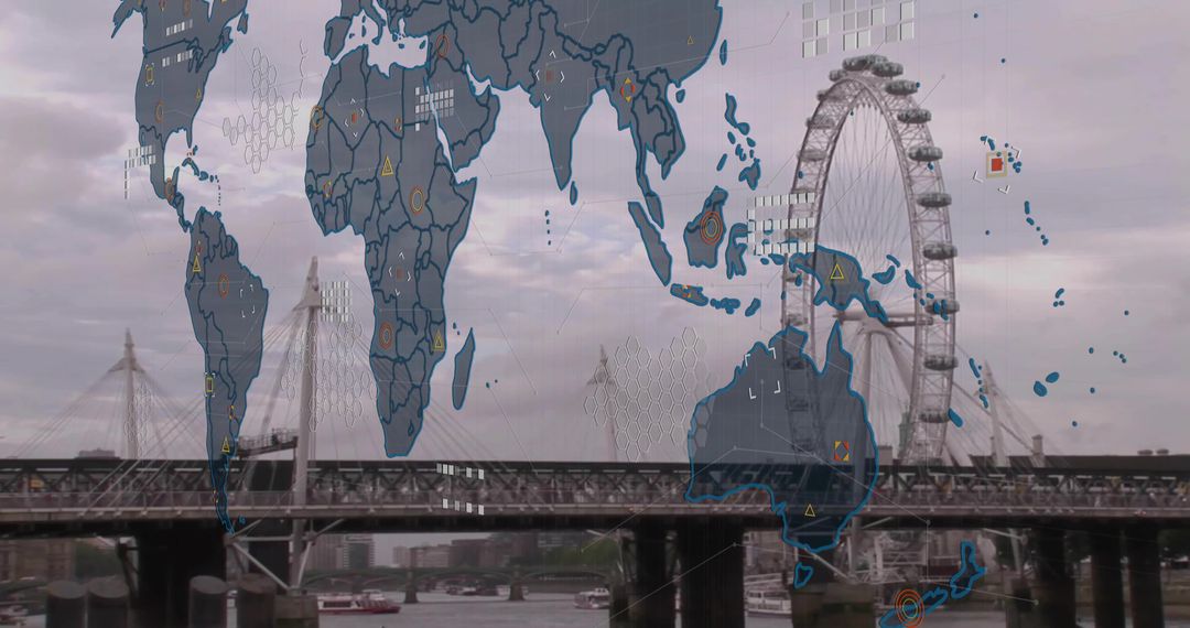 London Eye Overlooking River Thames with World Technology Overlay ...