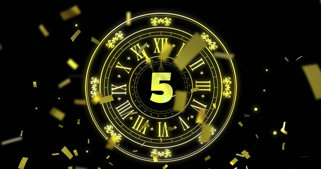 Golden Clock Strikes Midnight with Confetti Falling - Free Stock Photo ...