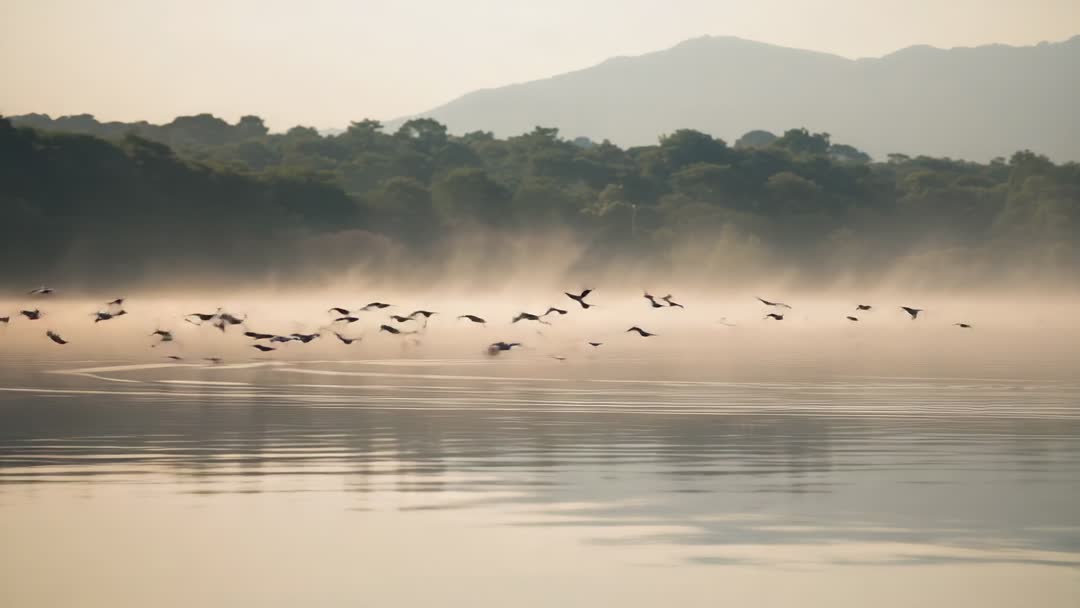 Low-flying waterbird flock gliding over misty lake at dawn, creating ...