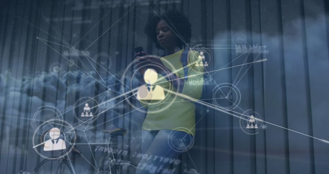 African american woman smartphone network connections skyline - Free ...