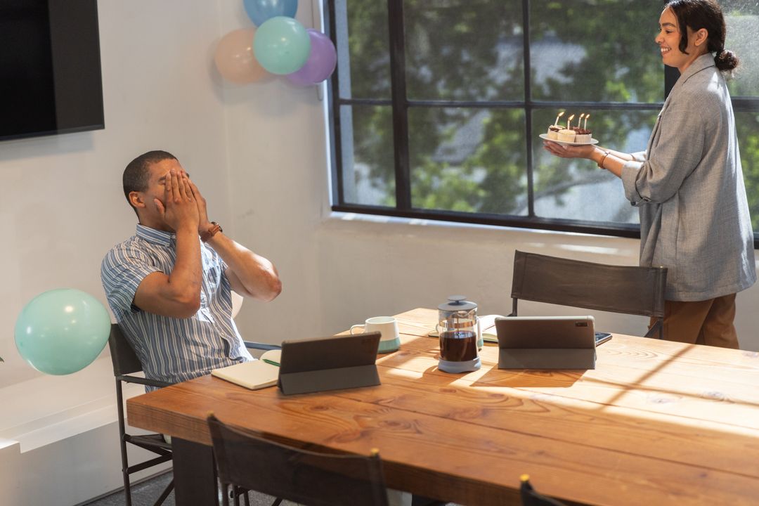 Surprised Coworker Receiving Birthday Cake in Office Meeting - Free ...