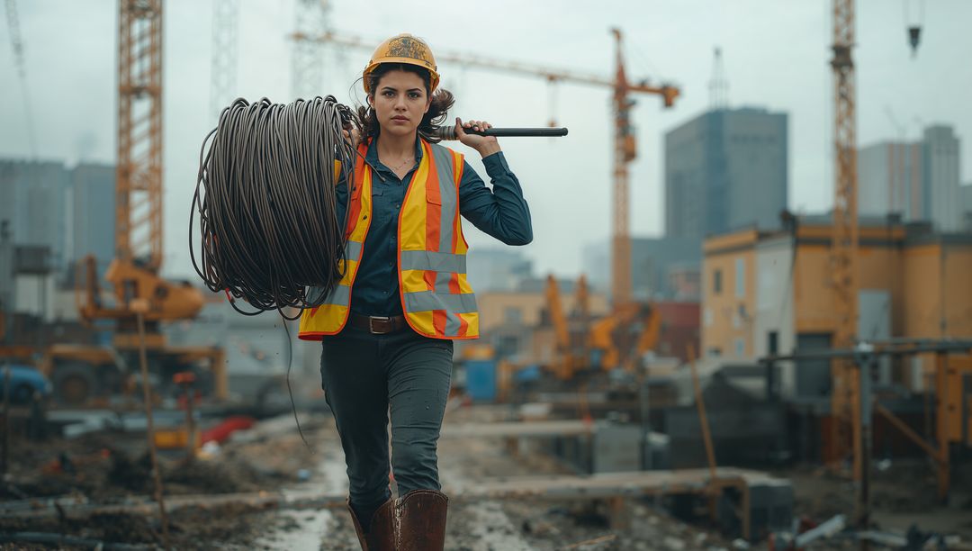 Female Construction Worker Carrying Heavy Cable Coil Across Muddy Urban ...
