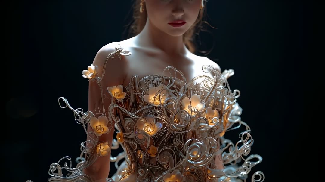 Model Revealing Sculptural LED-Flower Couture Gown in Studio Spotlight ...