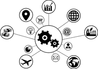 Black cogs with communication symbols on transparent background ...