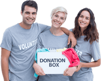 Smiling Colleagues Holding Donation Box on Transparent Background ...