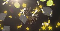 Graduation Ceremony Celebration with Floating Icons on Black Background ...