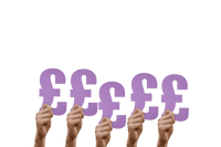 Multiple Hands Holding Purple British Pound Symbols on Transparent ...