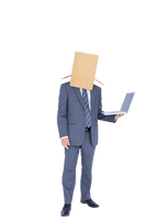 Anonymous Businessman with Box Head Holding Laptop Transparent ...