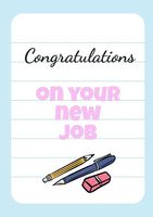 Congratulating New Job Card with Pen, Pencil, and Eraser Illustration ...