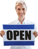 Smiling Female Owner Holding Transparent Open Sign - Download Free PNG ...