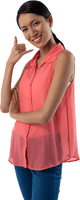 Smiling Woman Gesturing Call Me Hand Sign Transparent Background ...