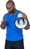 Transparent image of fit trainer with megaphone checking stopwatch ...