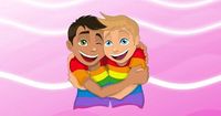 Happy Cartoon Couple in Rainbow Attire Embracing on Pink Background ...