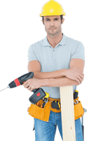 Confident Carpenter Holding Transparent Wooden Plank with Drill Machine ...