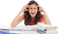 Frustrated Young Woman Studying with Pile of Books on Transparent ...