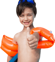 Smiling Boy with Orange Arm Floaties Giving Thumbs Up Gesture ...