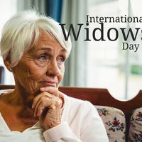 International widows day text with sad thoughtful caucasian senior ...