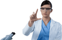 Female Scientist in Lab Coat Using Invisible touchscreen, Transparent ...